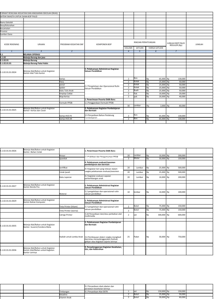 Contoh RKAS BOP PAUD 2025 Terbaru | PDF