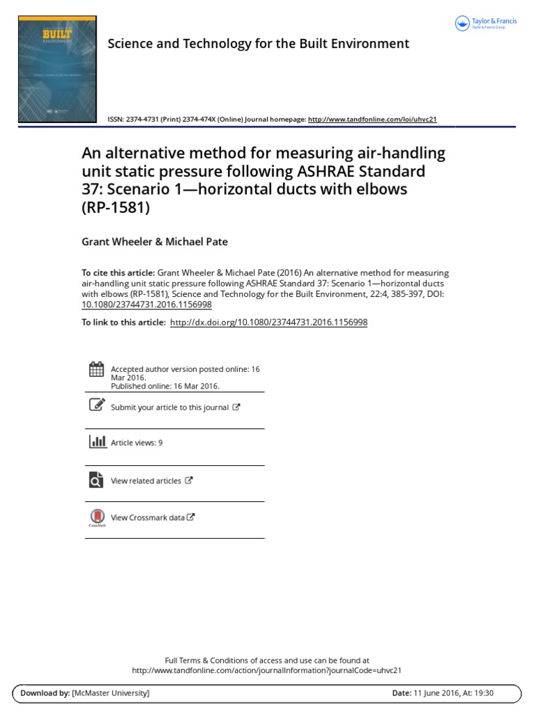 RP 1581. Alternative Method For Measuring AHU Static Pressure STD 37 ...