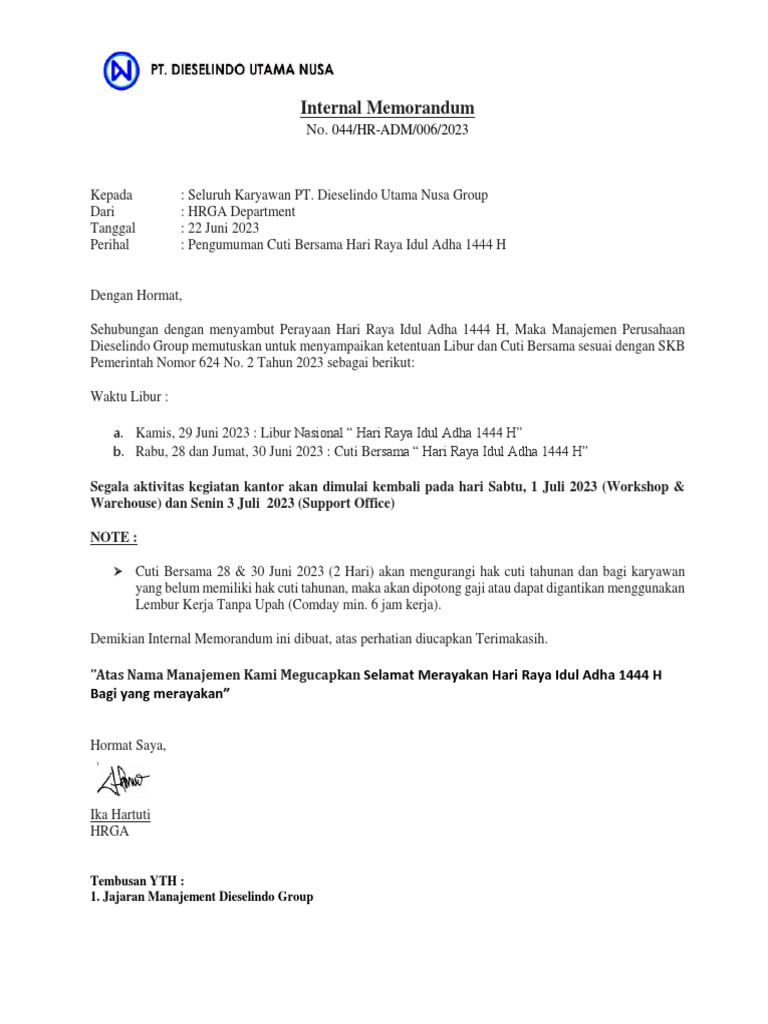 Memo Cuti Bersama Idul adha 2023 | PDF