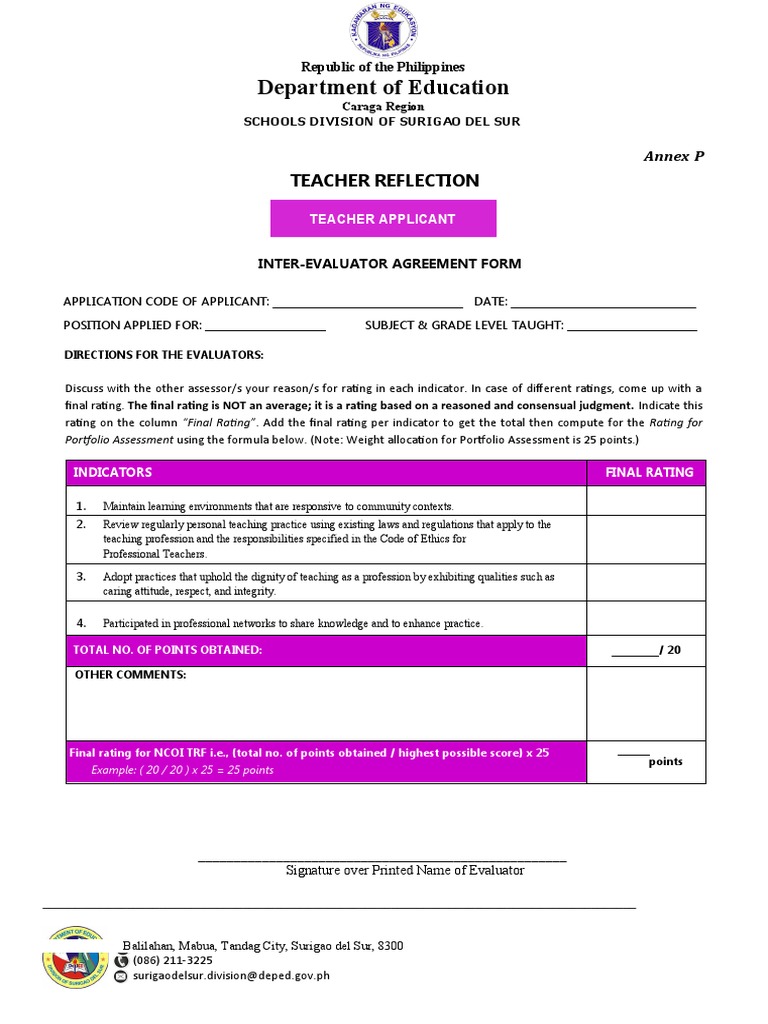 Annex P_Teacher Reflection Inter-Evaluator Agreement Form | PDF | Teachers | Learning