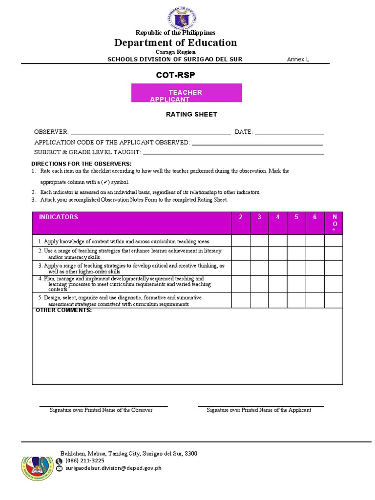 Annex L - COT-RSP Rating Sheet | PDF | Curriculum | Educational Assessment