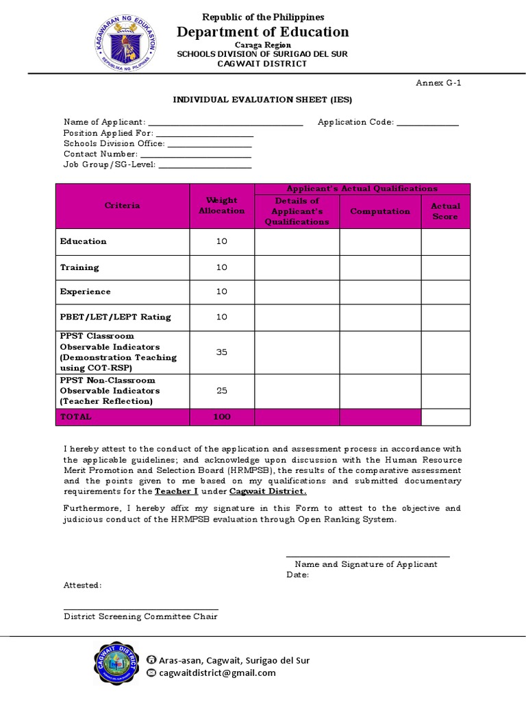 Annex G Individual Evaluation Sheet IES | PDF