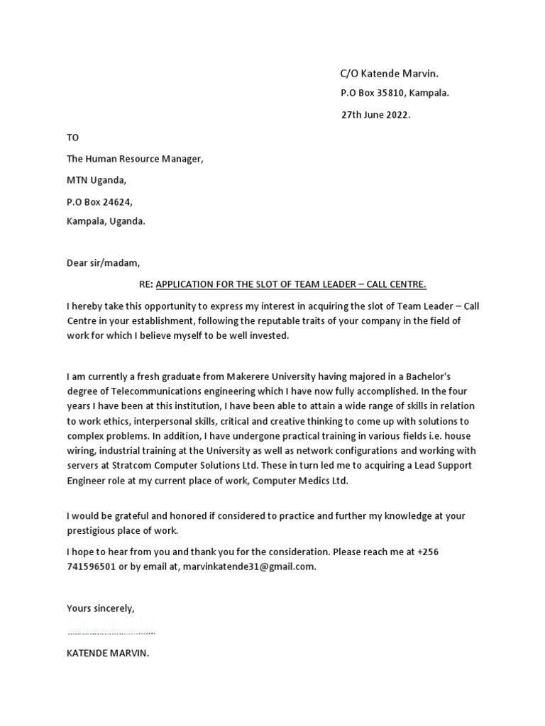 Application Letter To MTN (U) | PDF
