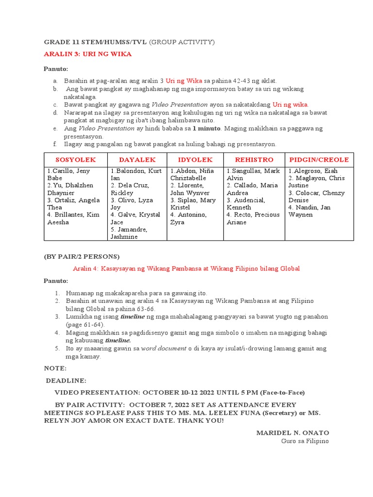 Grade 11 Activities in Filipino | PDF