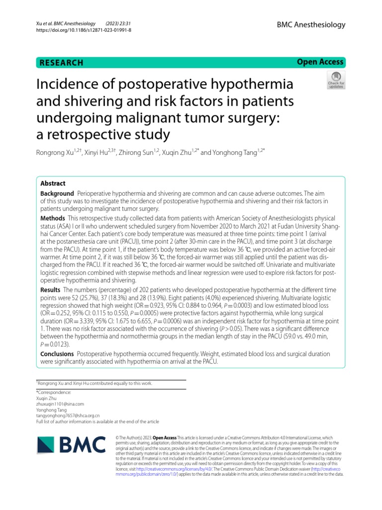 Incidence of Postoperative Hypothermia in Shianghay | PDF | Surgery ...