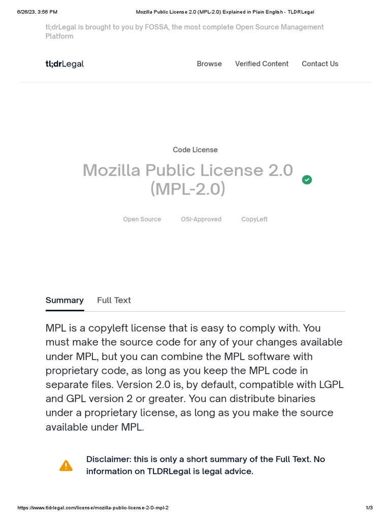 Mozilla Public License 2.0 (MPL-2.0) Explained in Plain English - TLDRLegal | PDF | Social ...