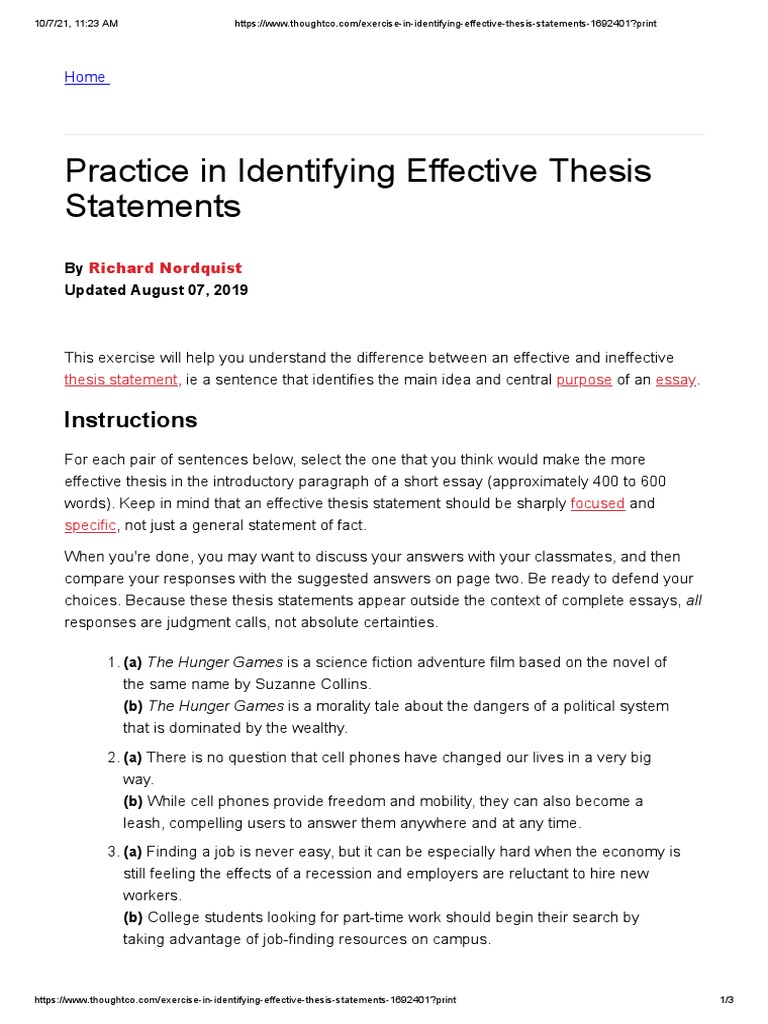 Exercise in Identifying Effective Thesis Statements 1692401 | Download Free PDF | Thesis | Bean