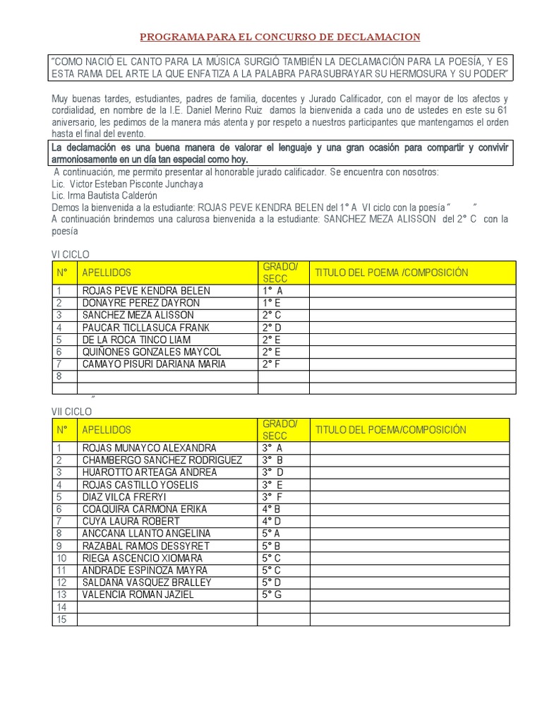 Programa para El Concurso de Declamacion y Canto | PDF
