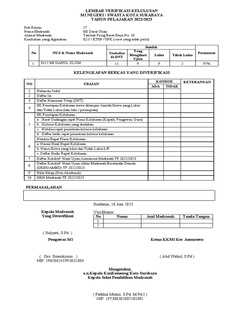 New LEMBAR VERIFIKASI KELULUSAN MI | PDF