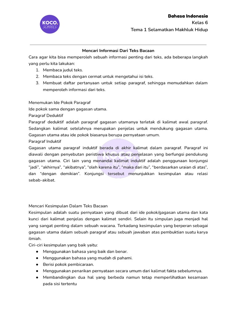 Revision Note - Bahasa Indonesia Kelas 6 - Tema 1 Selamatkan Makhluk Hidup | PDF