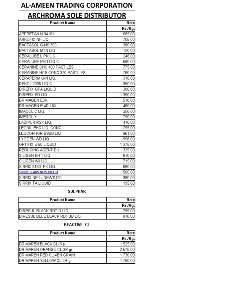 Ameen Trading: Archroma Product List | PDF | Blue | Electromagnetic ...