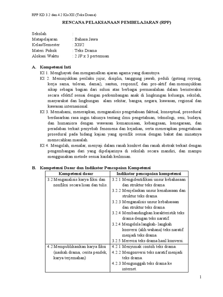 RPP KD 3.2 Dan 4.2 (Teks Drama) | PDF | Karier & Perkembangan | Seni & Disiplin Bahasa