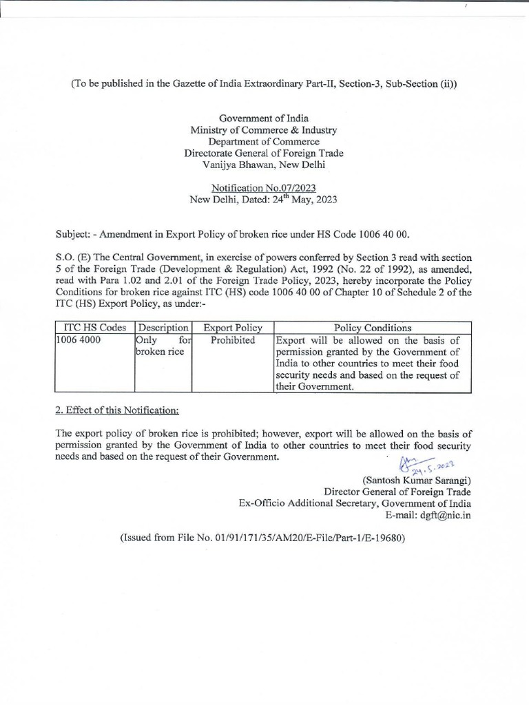 DGFT Notification No. 07 - 2023 Dated 24.05.2023 English | PDF