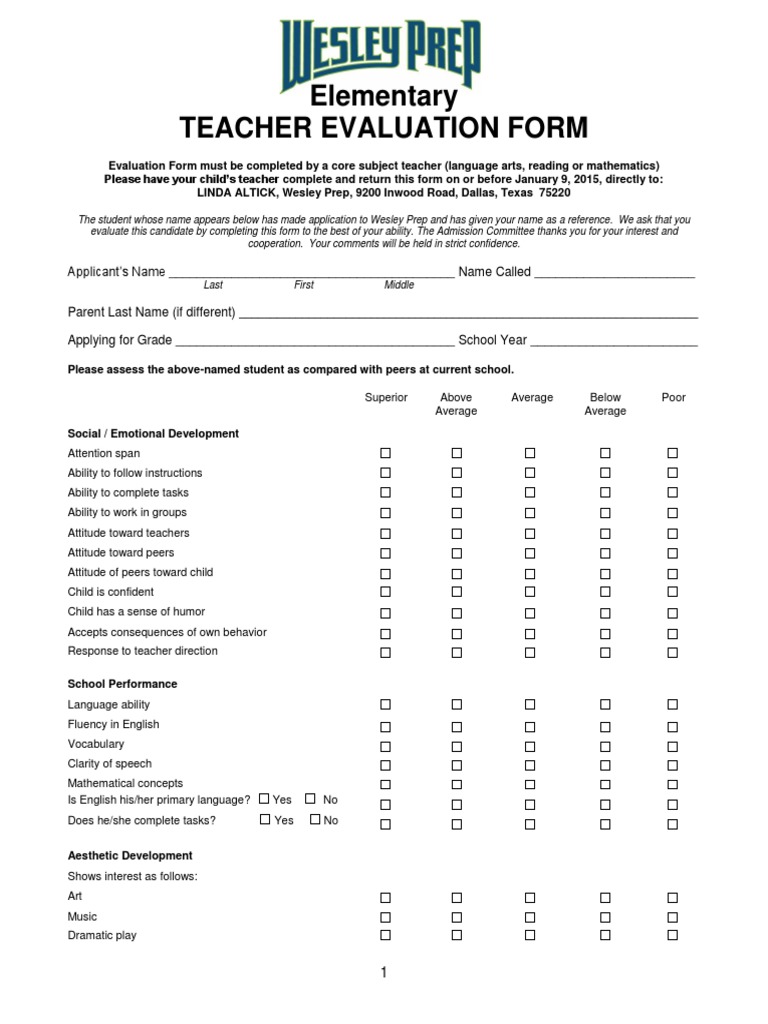 Elementary Teacher Evaluation Form | PDF | Teachers | Attitude (Psychology)