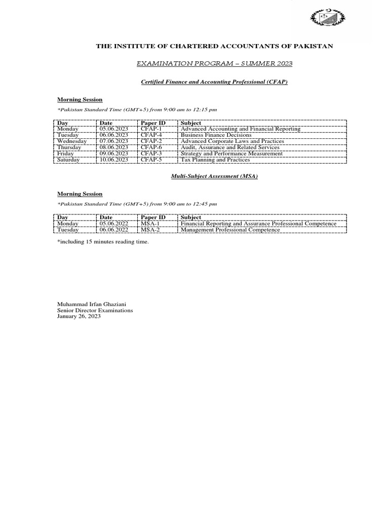 CFAP Exam Schedule Summer 2023 | PDF | Business