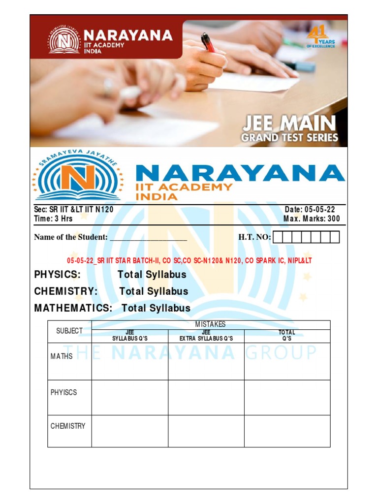 Narayana 05 05 2022 SR IIT OUTGOING LT IIT Jee Main GTM QP | PDF ...