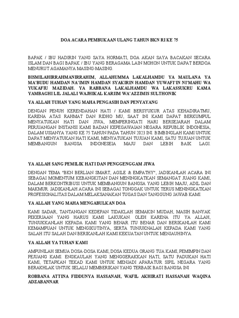 Doa Acara Pembukaan HUT BKN 75 | PDF