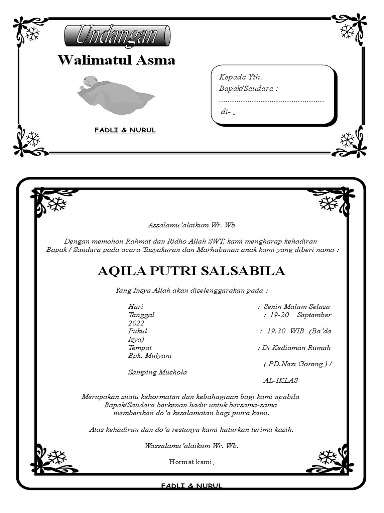 Contoh Surat Undangan Marhaban Bayi | PDF