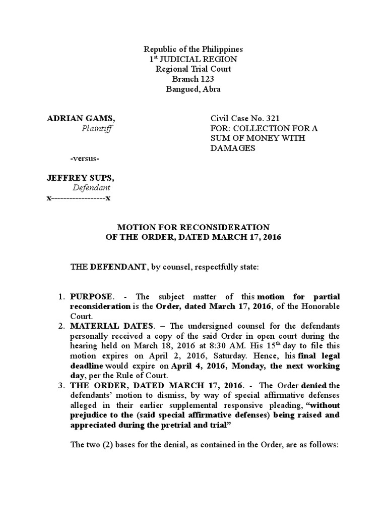 Motion For Reconsideration | PDF | Demurrer | Pleading
