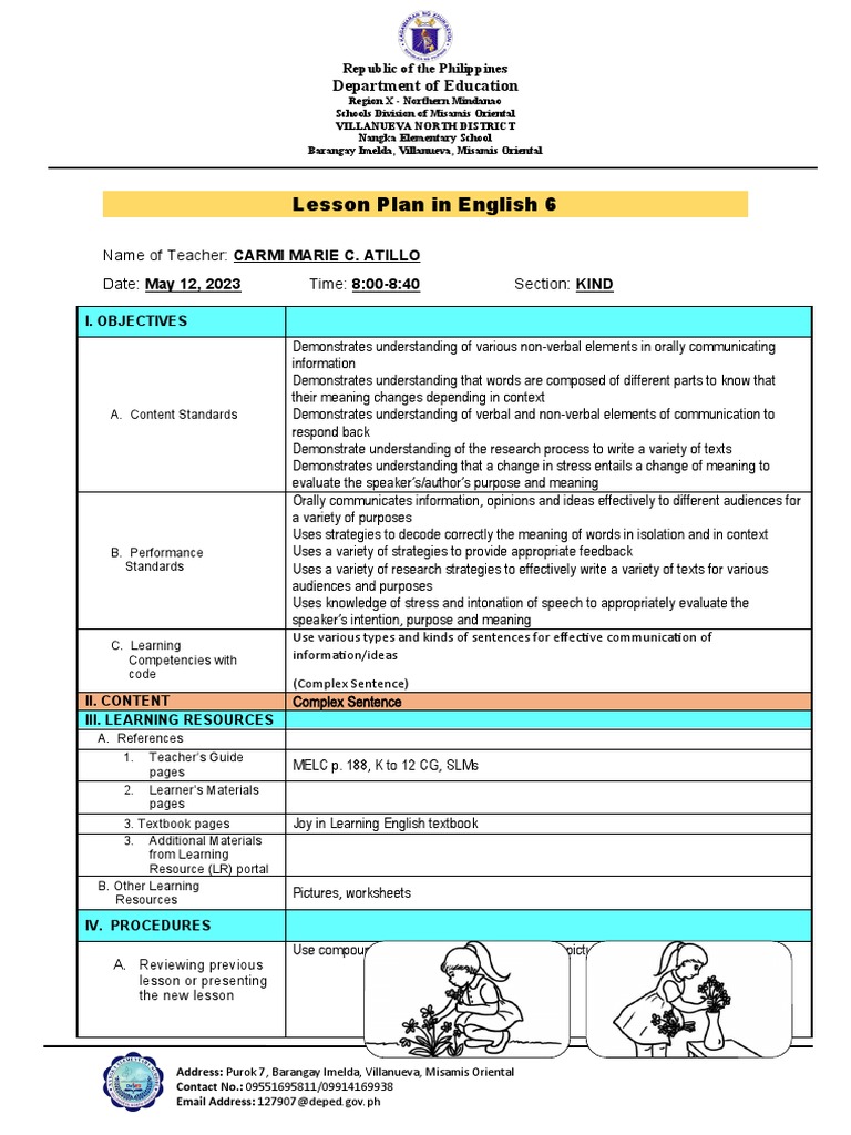 English 6 Lesson Plan: Complex Sentences | PDF | Sentence (Linguistics) | Communication