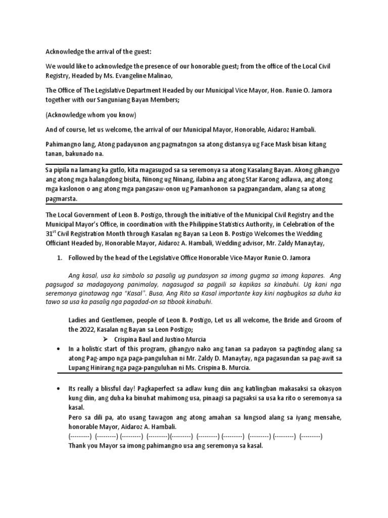 SCript For MC Mass Wedding | PDF