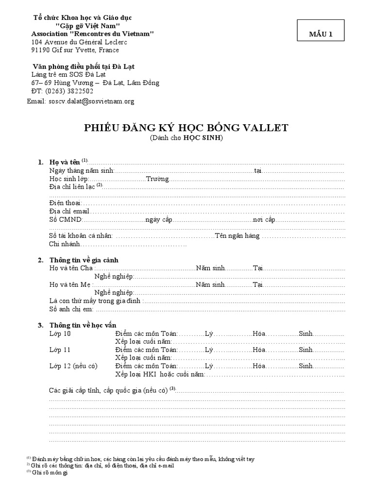 Mau-1 Phieu Dang Ky Hoc Bong Vallet Hoc Sinh | PDF
