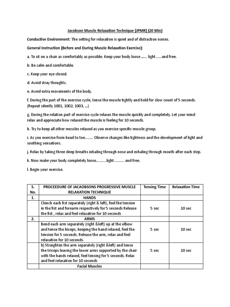 Jacobson Muscle Relaxation Technique | PDF | Relaxation (Psychology ...