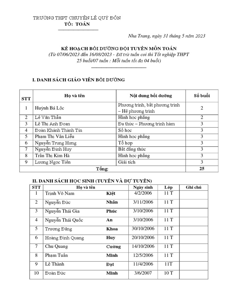 23 KHBD HSG Thi Cap Tinh Mon ToÃn 1 | PDF