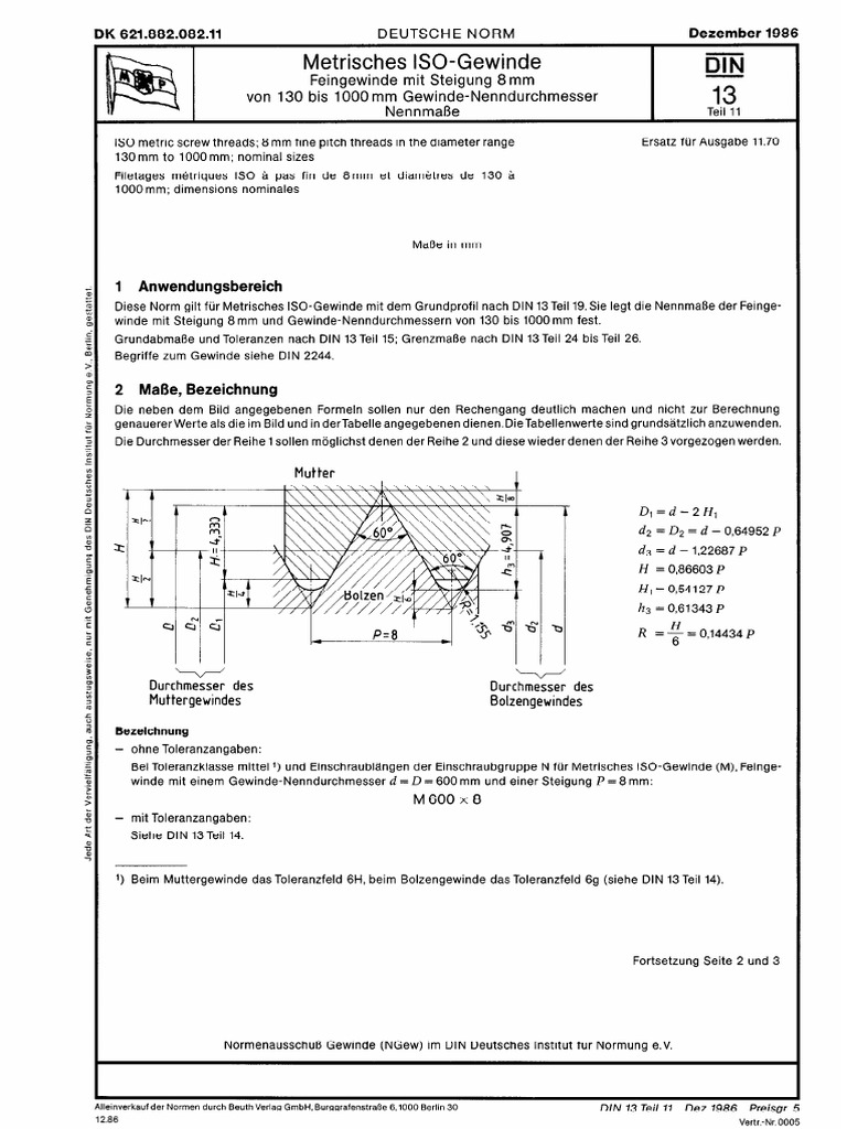 DIN 13-11.1986-12 - Metrisches ISO-Gewinde - Feingewinde Mit Steigung 8mm Von 130 Bis 1000 MM ...
