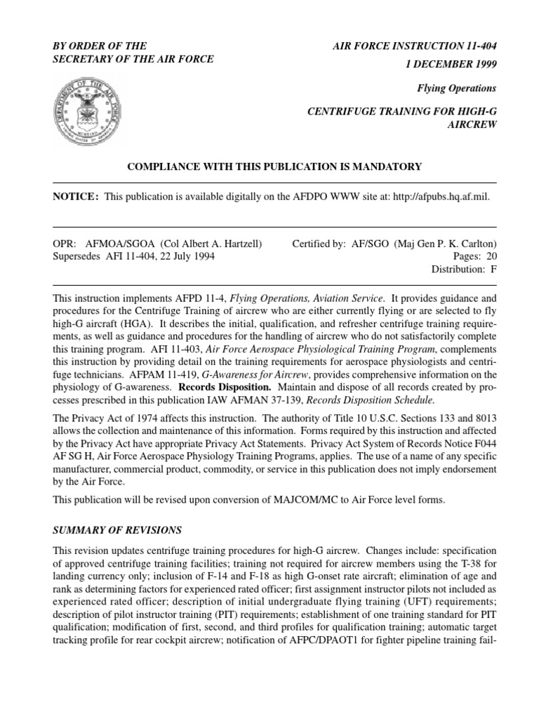 Afi11-404 Centrifuge Training 1999 P20 | PDF | Air National Guard | Centrifuge