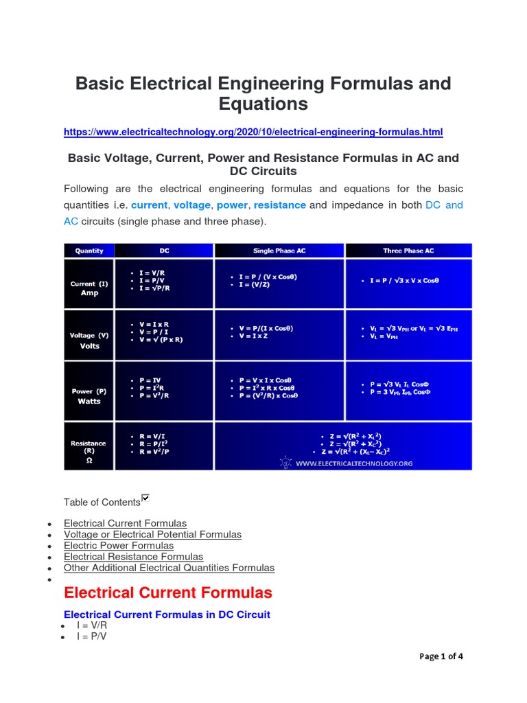 Basic Electrical Engineering Formulas and Equations | PDF | Electrical Impedance | Electrical ...