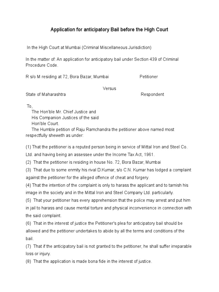 Application For Anticipatory Bail Before The High Court | PDF | Bail ...
