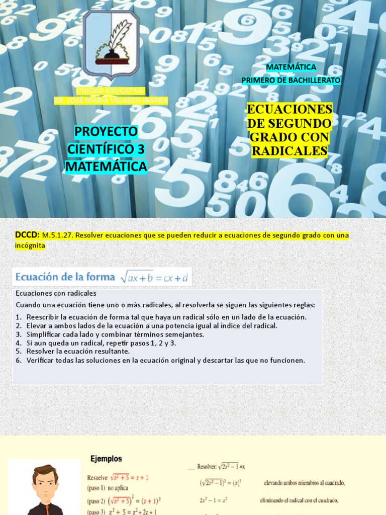PROY 3 SEM 4 ECUACIONES DE SEGUNDO GRADO CON RADICALES 1BGU | PDF | Ecuaciones | Ecuación cuadrática