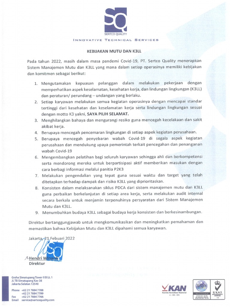 Kebijakan Mutu Dan K3L | PDF