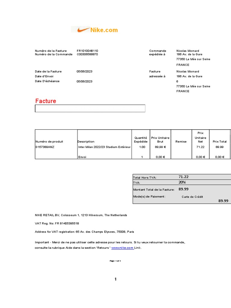 Facture: Page 1 of 1 | PDF | Documents commerciaux | Comptabilité