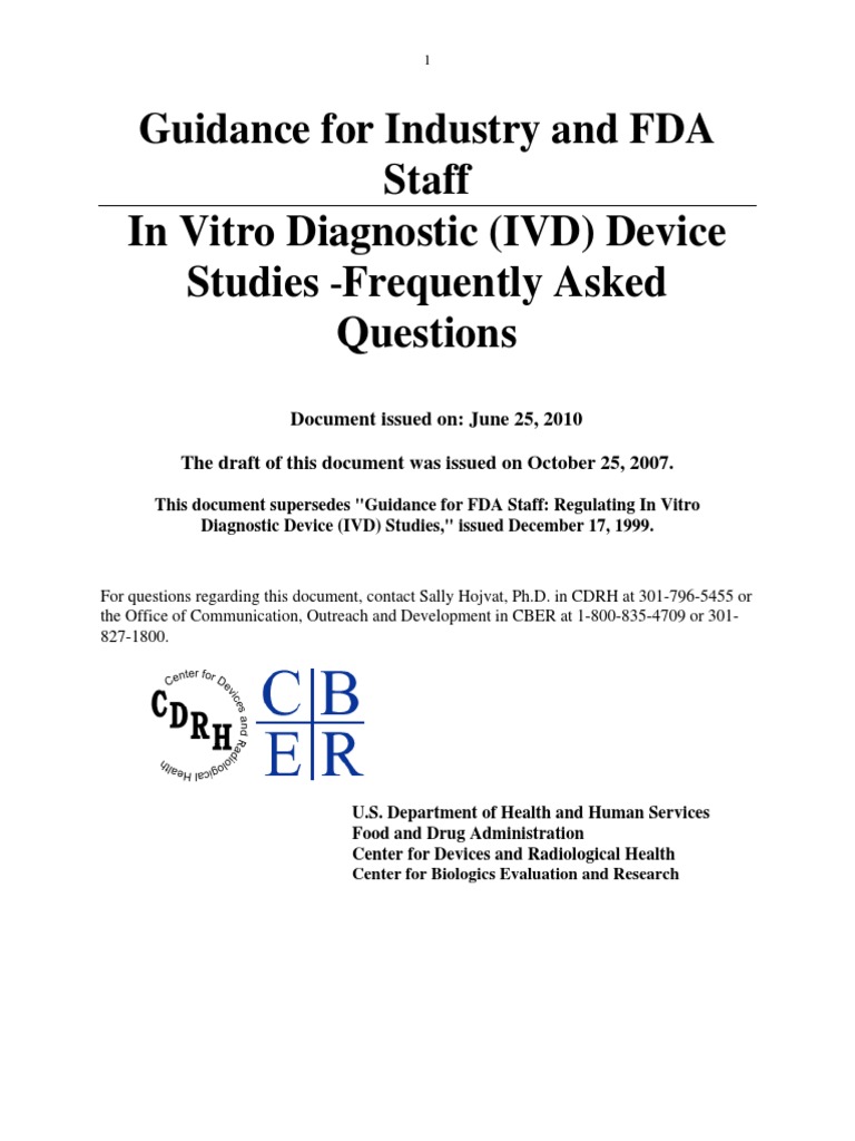 Guidance For Industry and FDA Staff in Vitro Diagnostic (IVD) Device ...