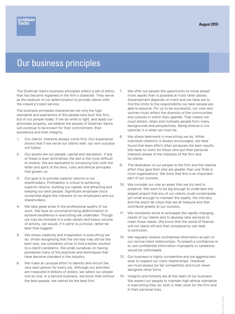 Goldman Sachs Business Principles | PDF | Goldman Sachs | Confidentiality