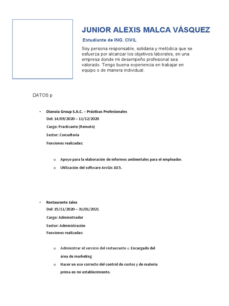 Cv Junior Alexis Malca Vásquez | PDF