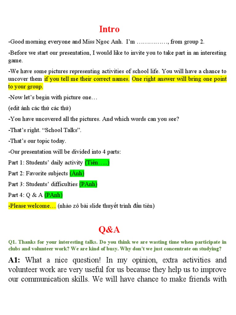 Intro, Q&A, outro của School talks | PDF