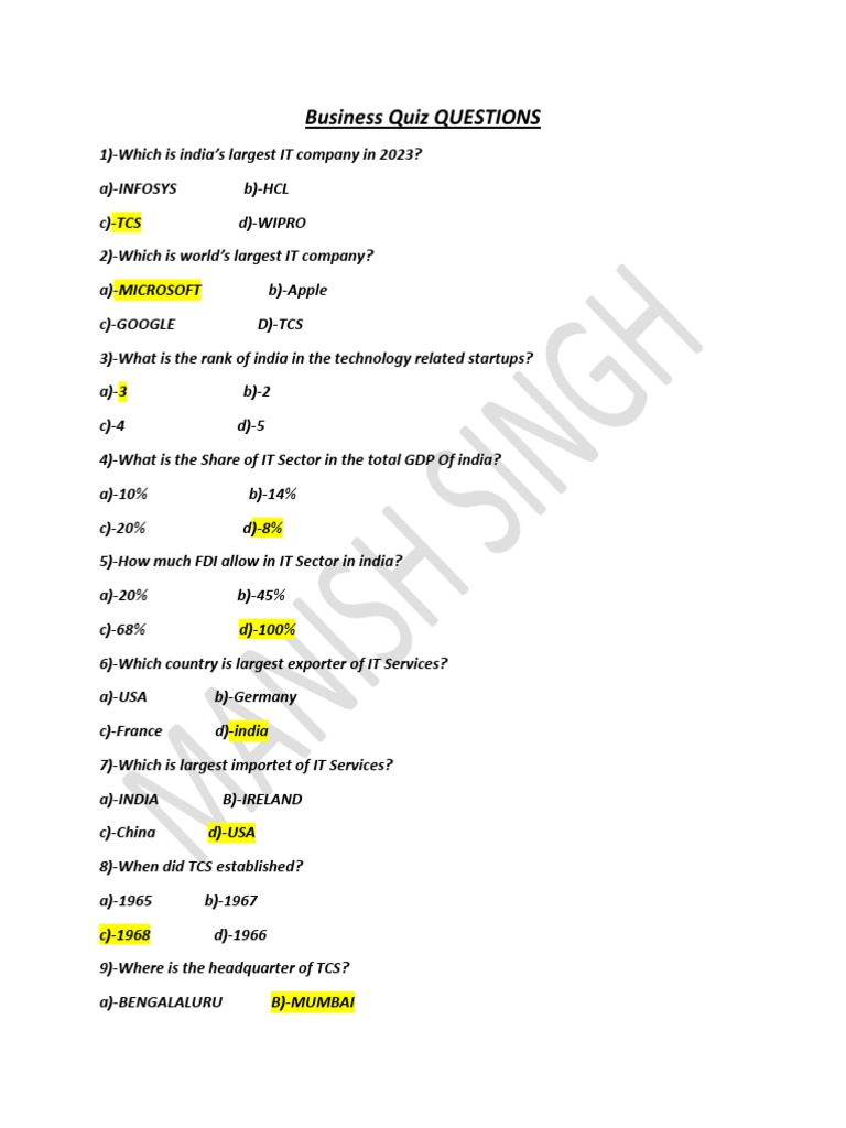 Business Quiz QUESTIONS | PDF | Economies | Information Technology