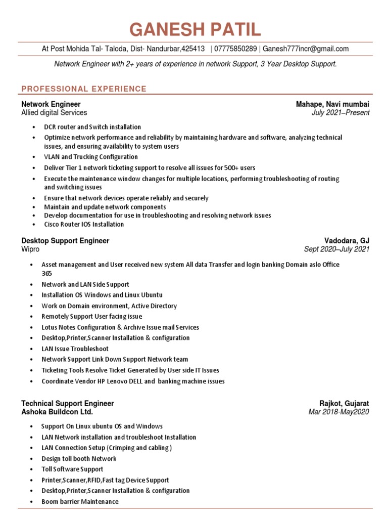 Network Engineer Resume - 2 Years Experience | PDF | Computer Network | Local Area Network
