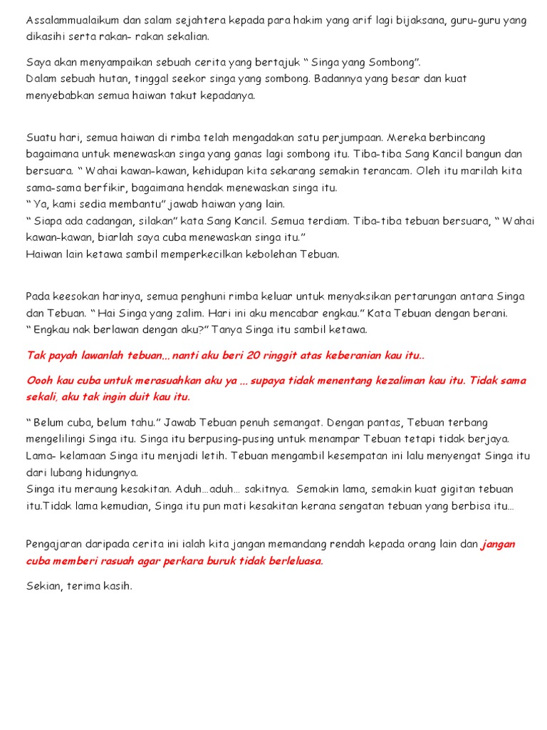 Teks Cerita Singa Yang Sombong - Tema Wira Anti Rasuah | PDF