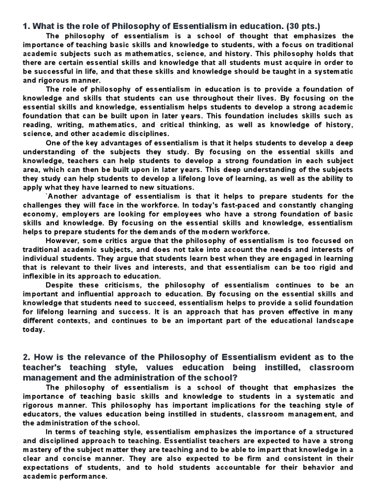 RCC Philosophy of Essentialism | PDF | Teachers | Critical Thinking