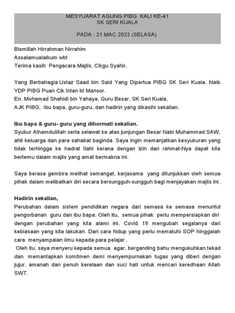Teks Perasmian Mesyuarat Agung PIBG Ke-41 | PDF