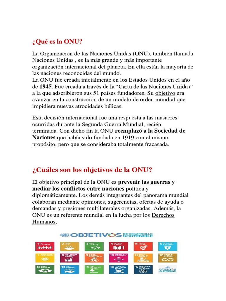 ¿Qué Es La ONU?: ¿Cuáles Son Los Objetivos de La ONU? | PDF | Naciones ...