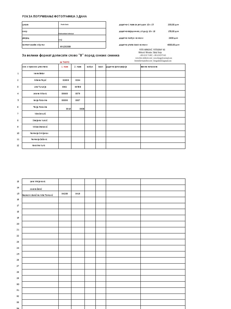 Tabela Za Porucivanje (2023 | PDF