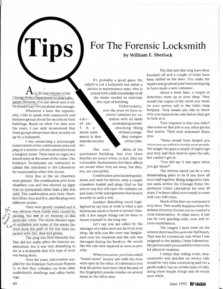 Tips For Forensic Locksmith | PDF | Lock (Security Device) | Crime Scene