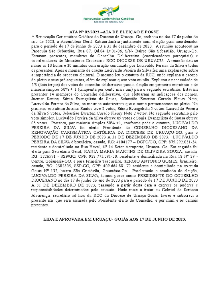 Eleição e Posse RCC Uruaçu 2023 | PDF | Direito | Religião e ...