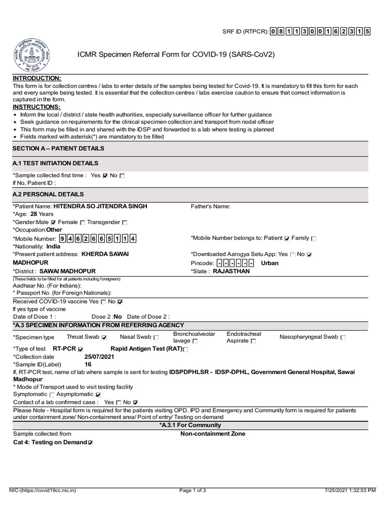 Icmr Specimen Referral Form For Covid-19 (Sars-Cov2) : (These Fields To ...
