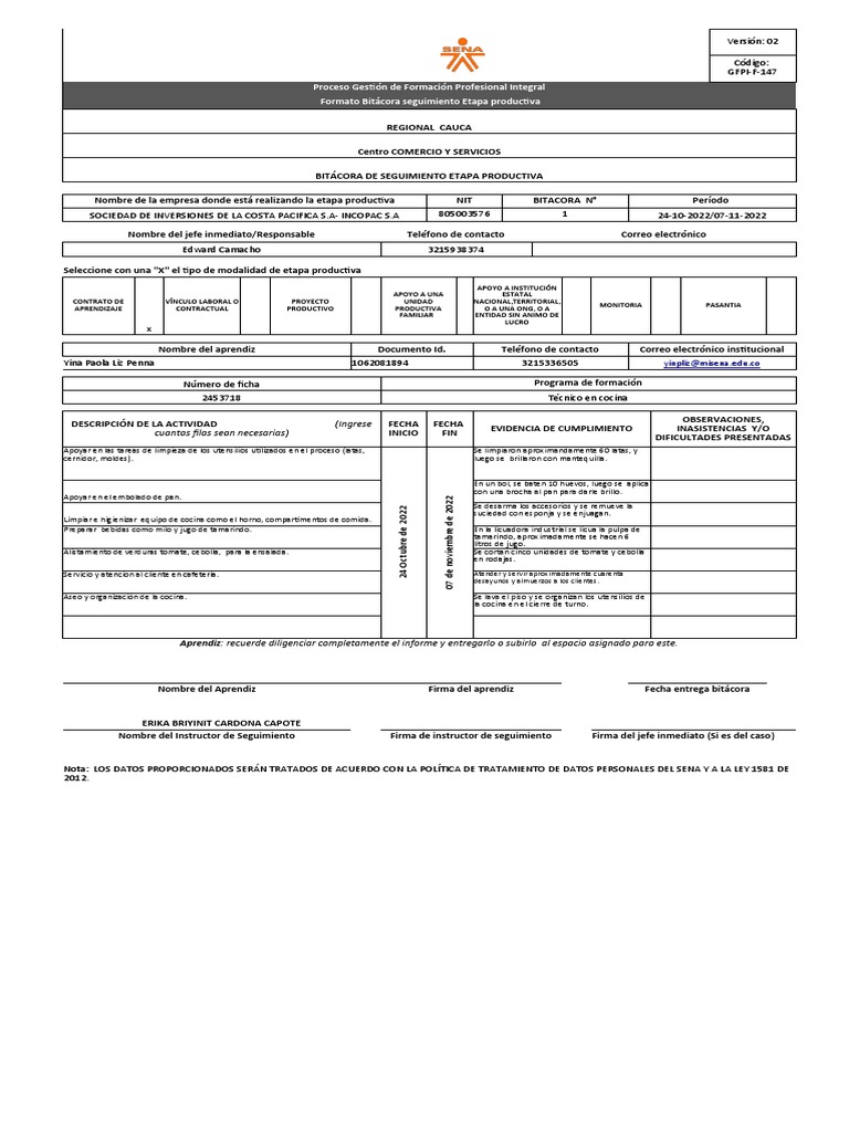 GFPI-F-147 - Formato - Bitácora de Actividades | PDF | Panes | Blog